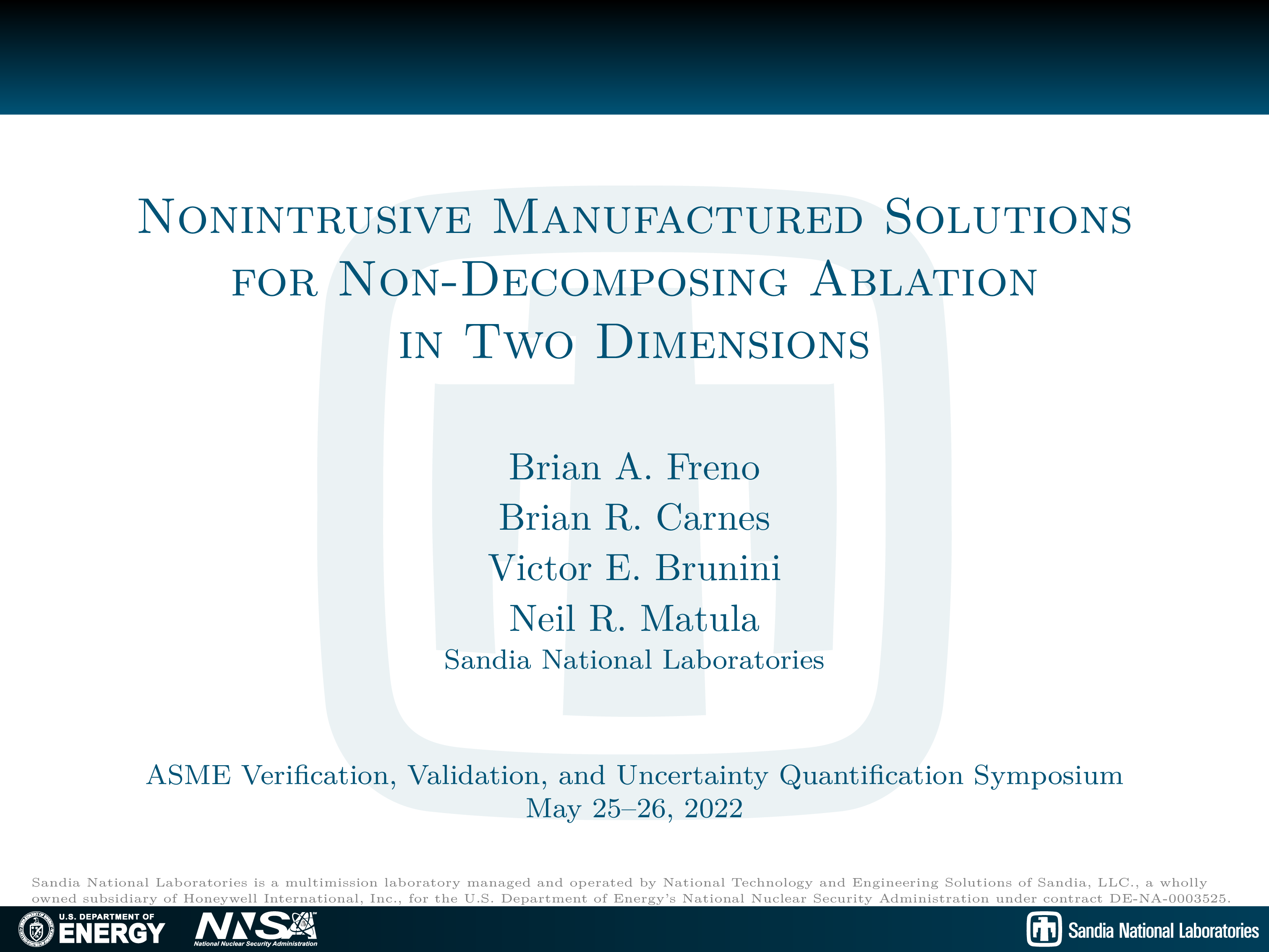 Nonintrusive Manufactured Solutions for Non-Decomposing Ablation in Two ...